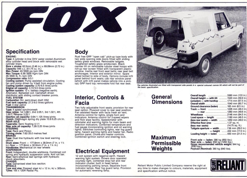 Reliant Fox details and advertising – TEMPEST OF ENGLAND